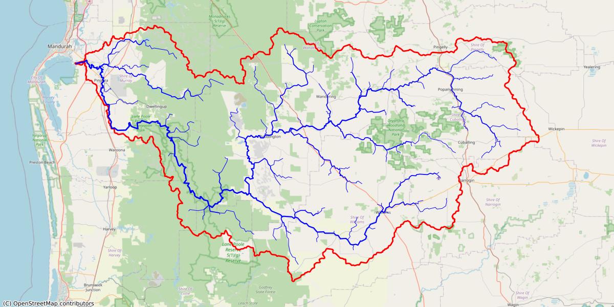 Watershed of 7850.0 km² with outlet near -32.583, 115.778 - Global ...